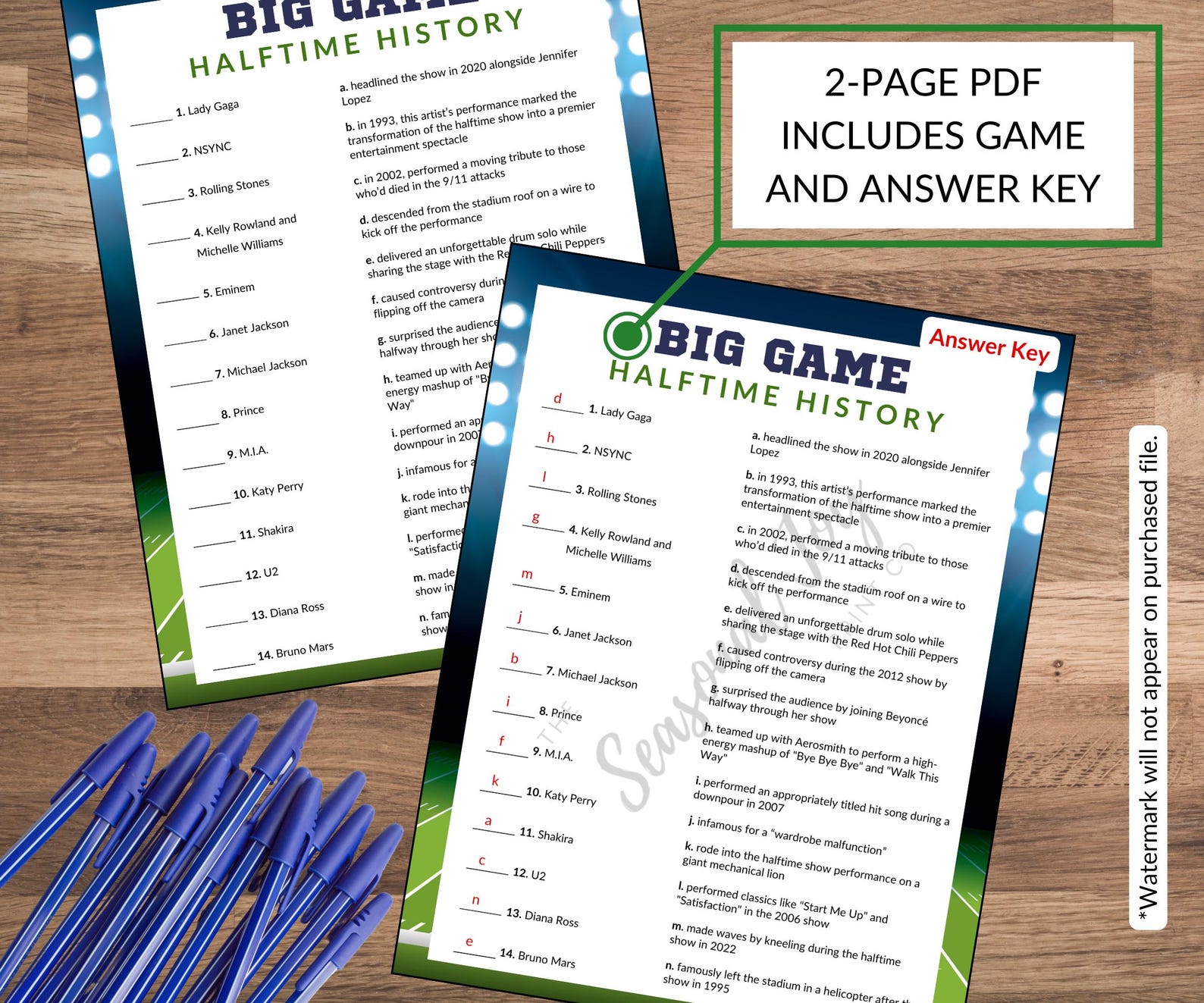 Big Game Trivia - Halftime Show, Big Game LIX Party Game, Game Day ...