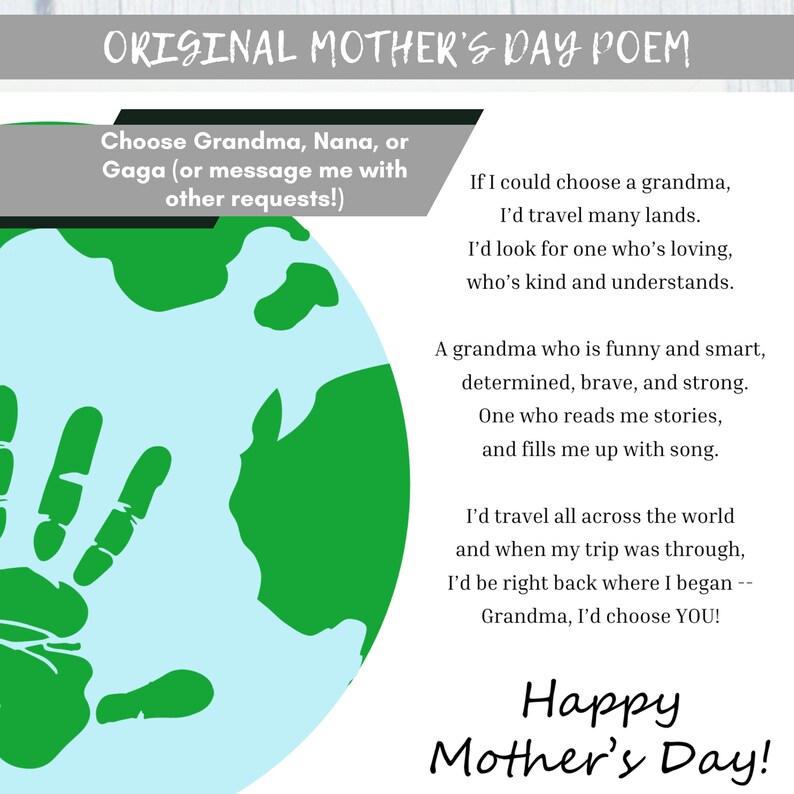 Grandma Mothers Day Poem With World Handprint Craft, Grandma Gift for ...