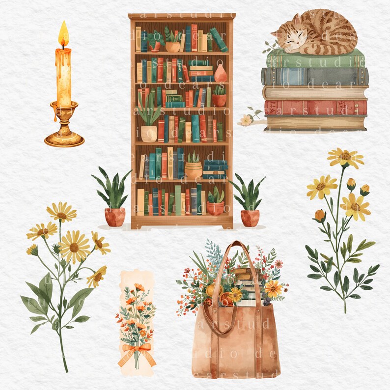 Vintage Book Lovers Clipart, Cozy Bookstore Aesthetic, Bookworms PNG ...