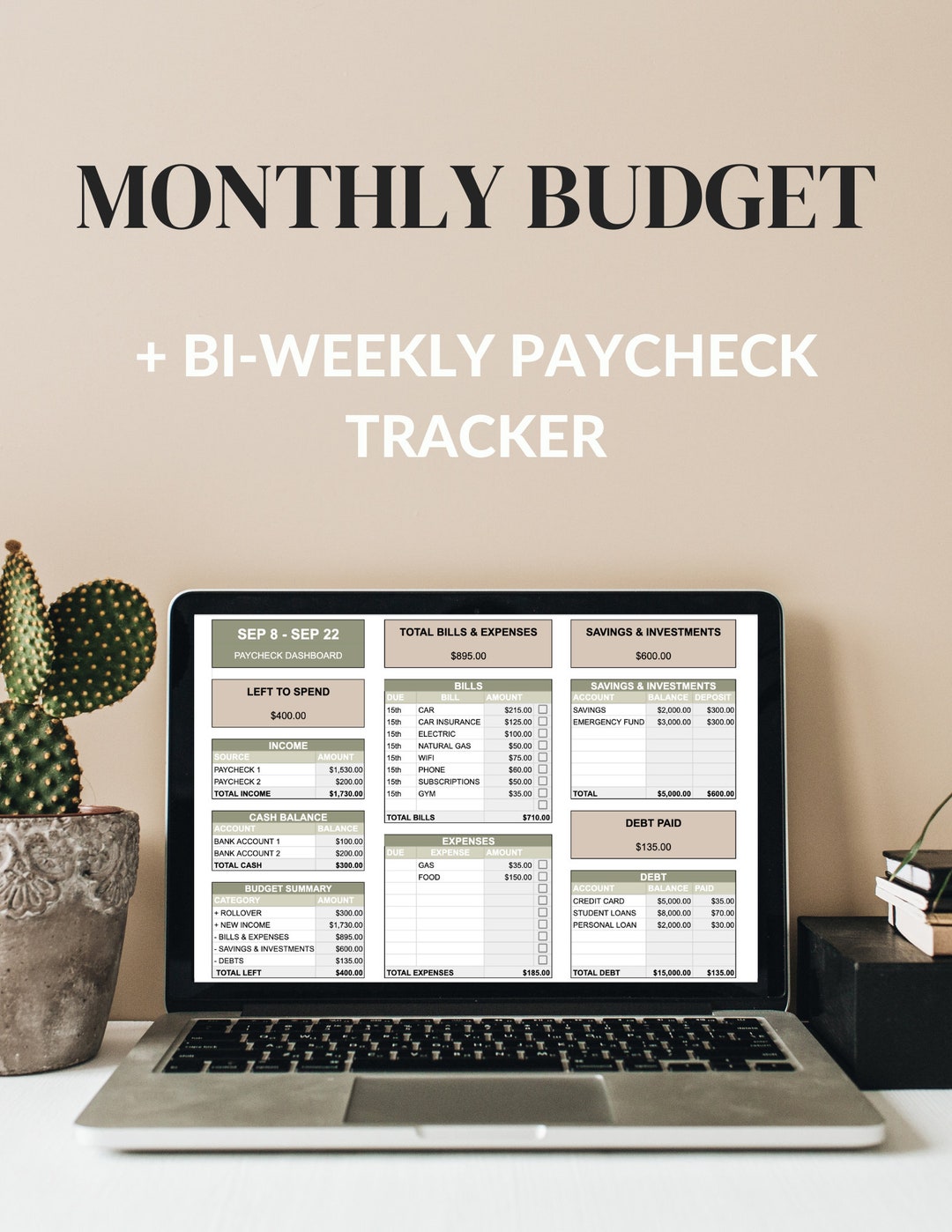 Monthly Budget and Paycheck Tracker - Etsy