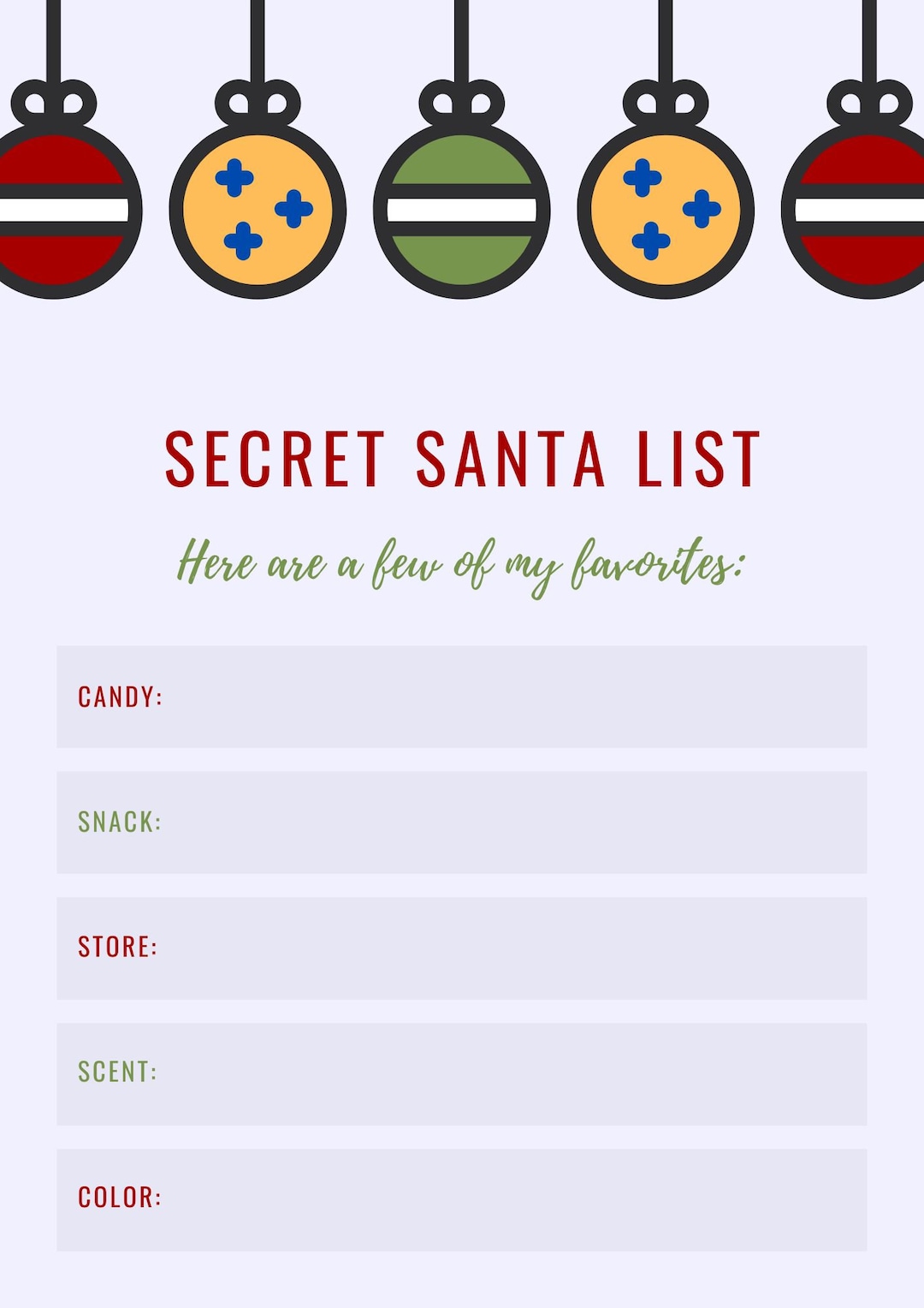 Secret Santa List Christmas Printable Gift Giving for Friends, Family ...