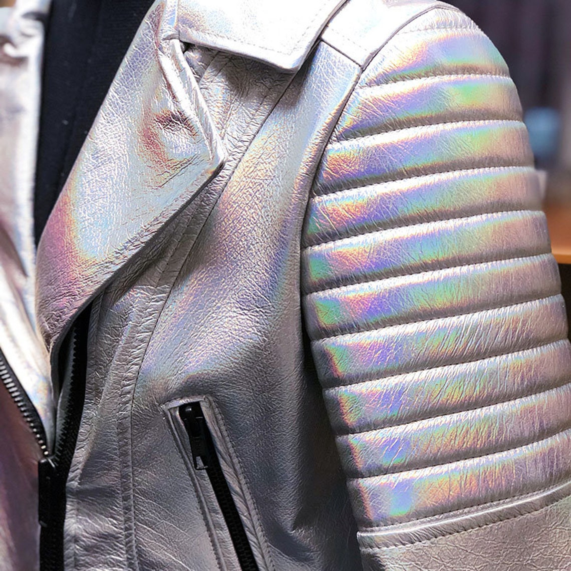 Iridescent Silver Leather Biker Jacket // Motorcycle Jacket, Ladies ...