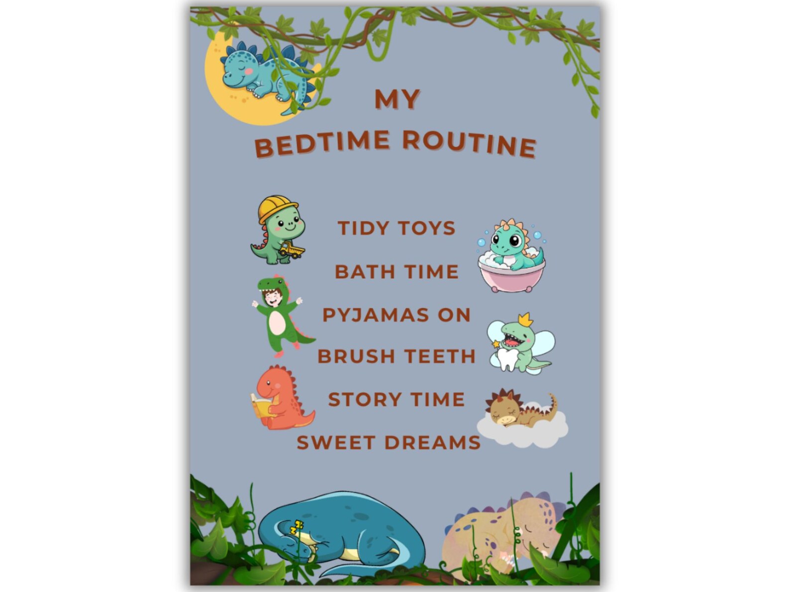 Bedtime Routine Chart for Kids Printable – Editable Dinosaur Night ...