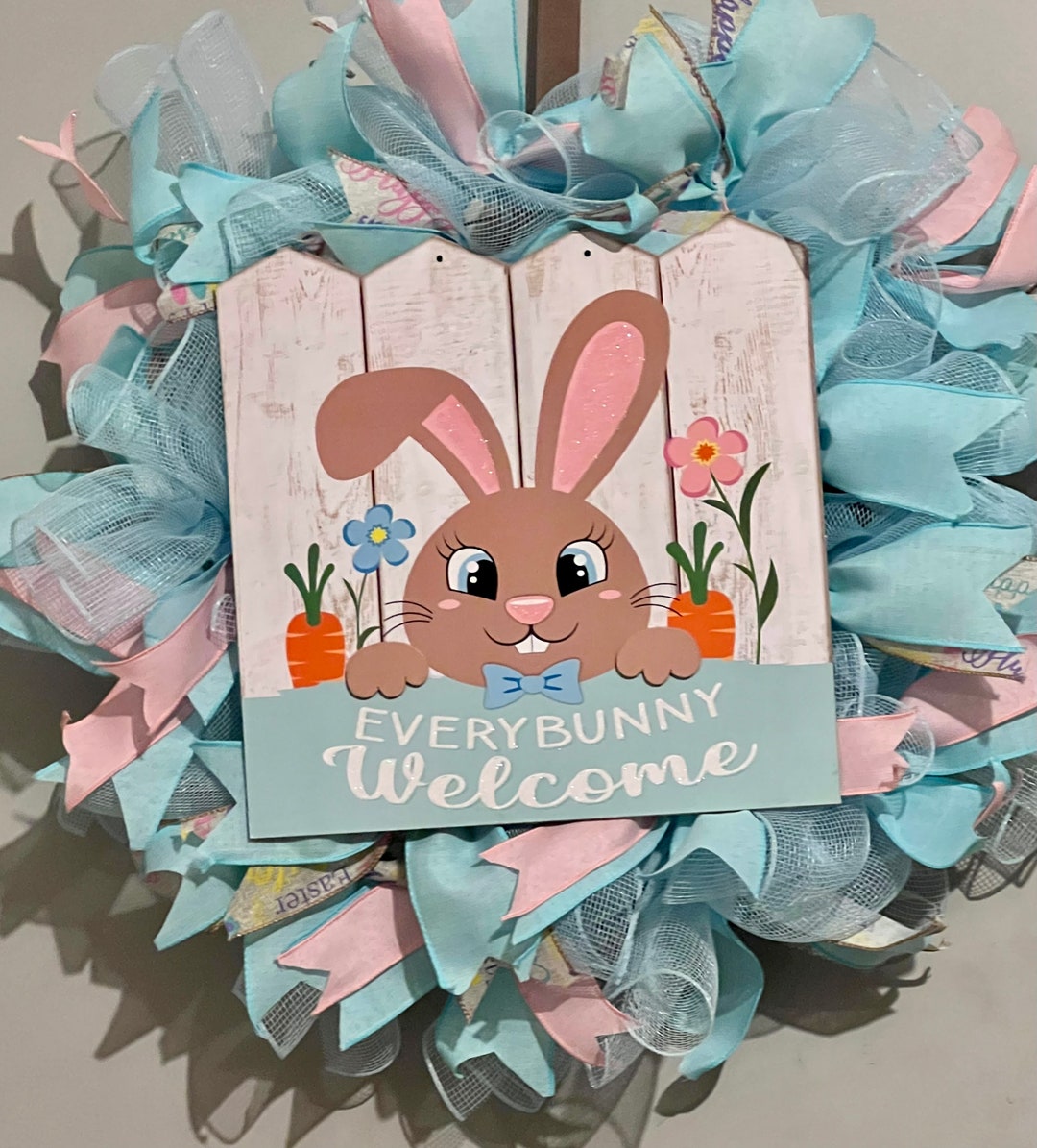Every Bunny Welcome 21” Blue & Pink Mesh Easter Wreath - Etsy