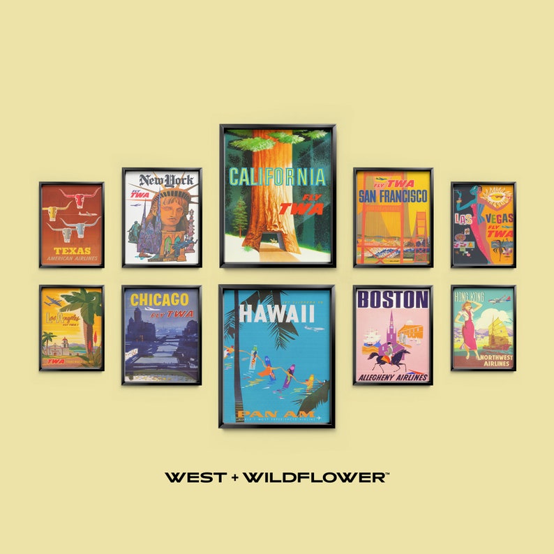 Retro Vintage Travel Posters SET of Ten Printable Wall Art, Digital ...