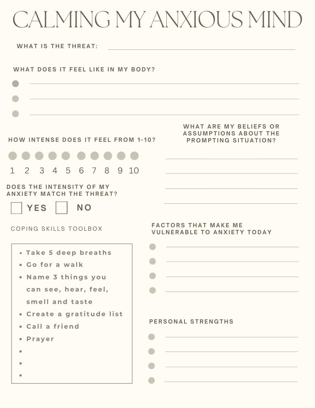 Calming My Anxious Mind Worksheet - Etsy