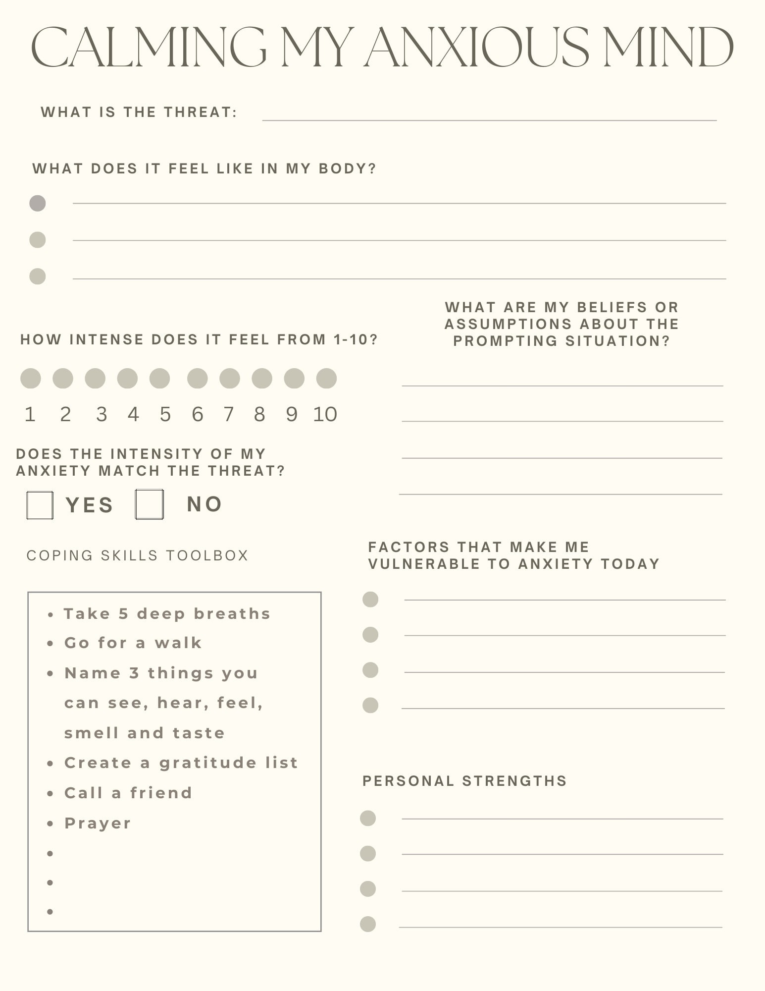 Calming My Anxious Mind Worksheet - Etsy