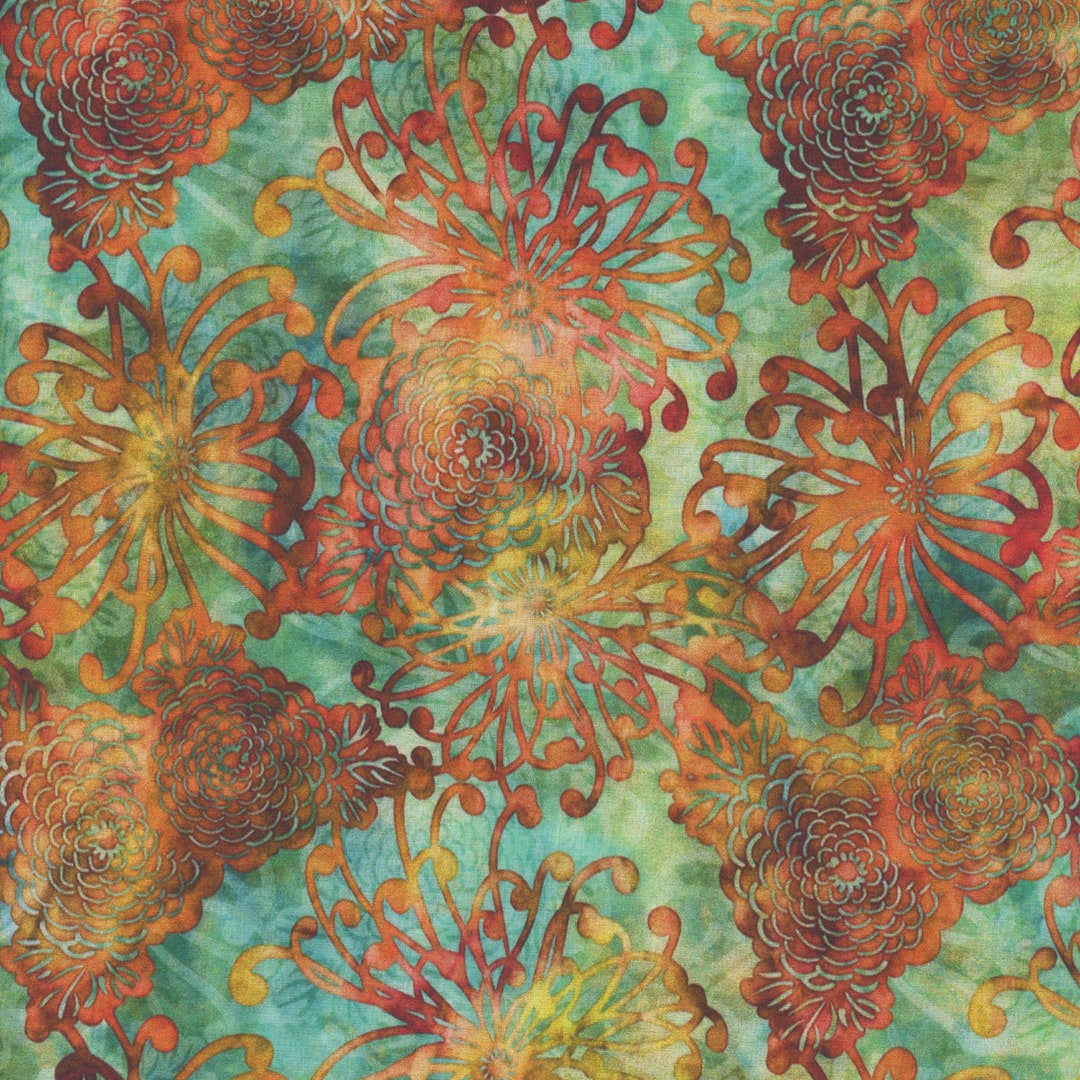Abstract Floral Fabric, Aqua, Rust, Orange, Dan Morris Valencia QT ...