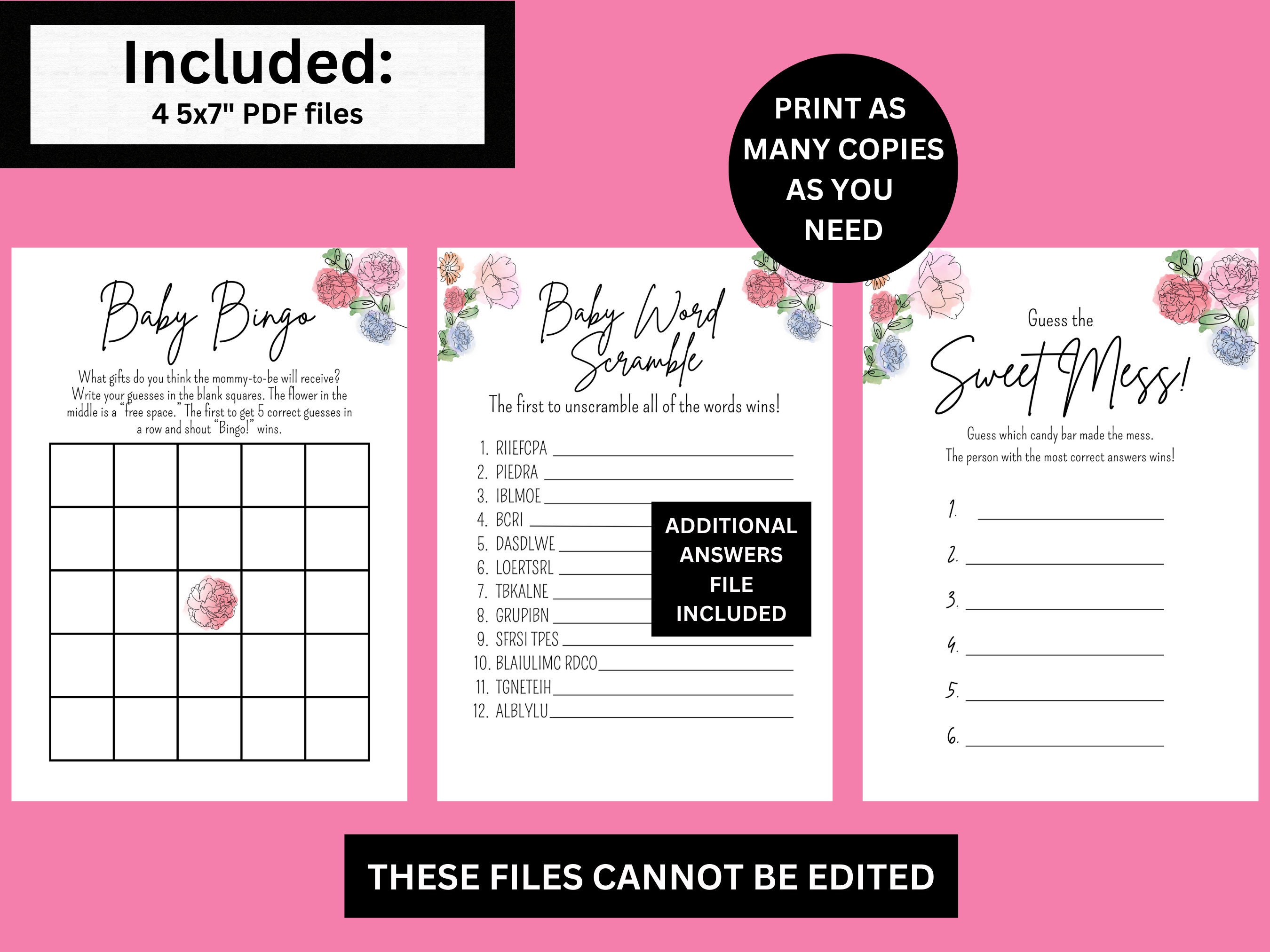 Watercolor Flower Doodle Baby Shower Games, Printable Baby Shower Games ...