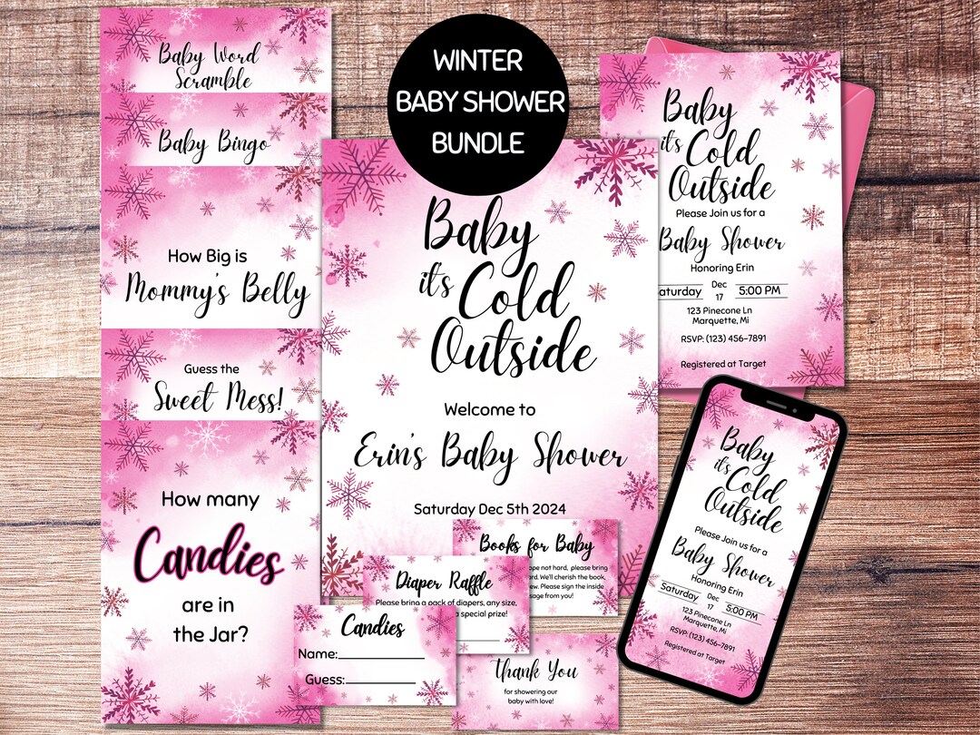 Baby It's Cold Outside Winter Baby Shower Bundle, Pink Snowflake ...