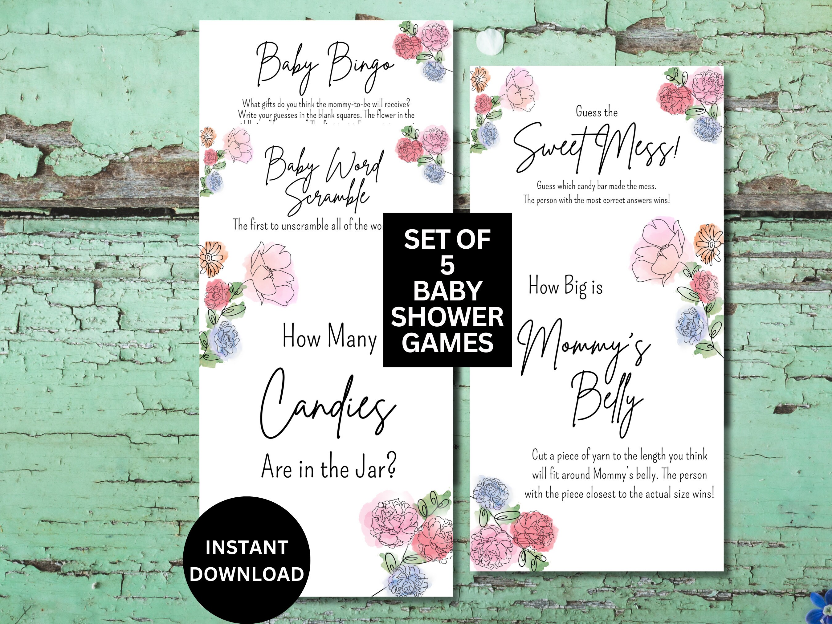 Watercolor Flower Doodle Baby Shower Games, Printable Baby Shower Games ...
