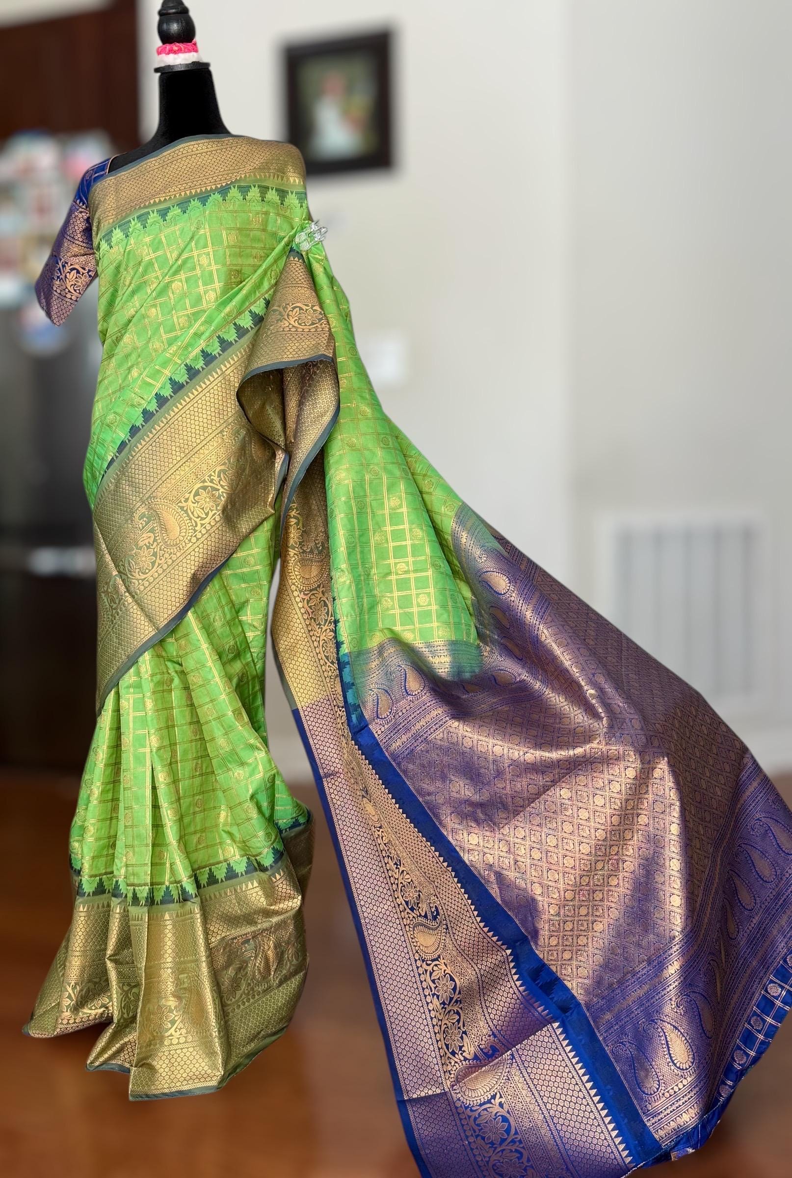 Light Green Color With Blue Color Checked Body Gadwal Silk Saree With ...