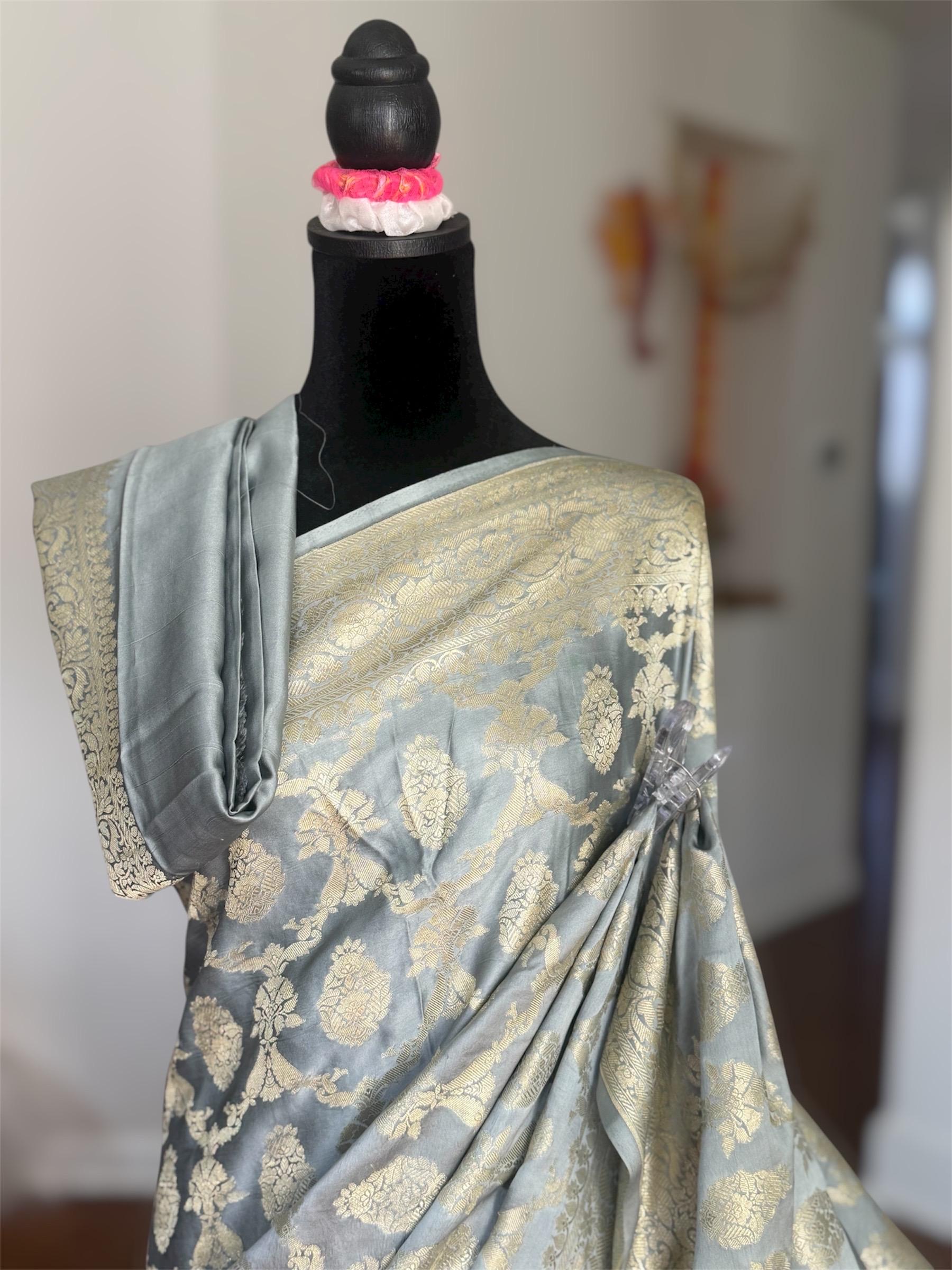 Grey Handwoven Mashru Silk Saree | Banarasi Weaves - Etsy