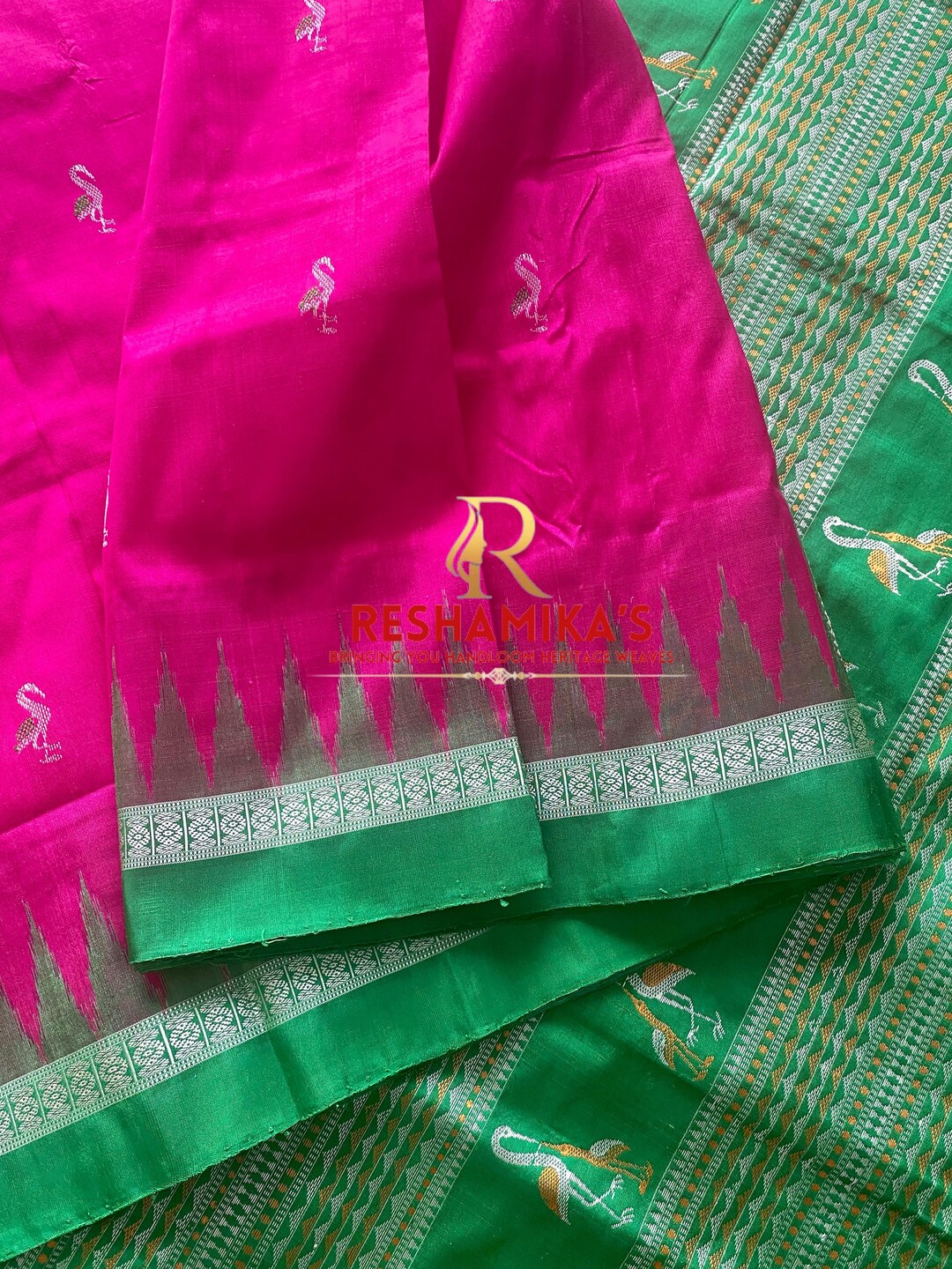 Dark Pink With Green Border Bomkai Pure Silk Saree From Odisha Weaves ...