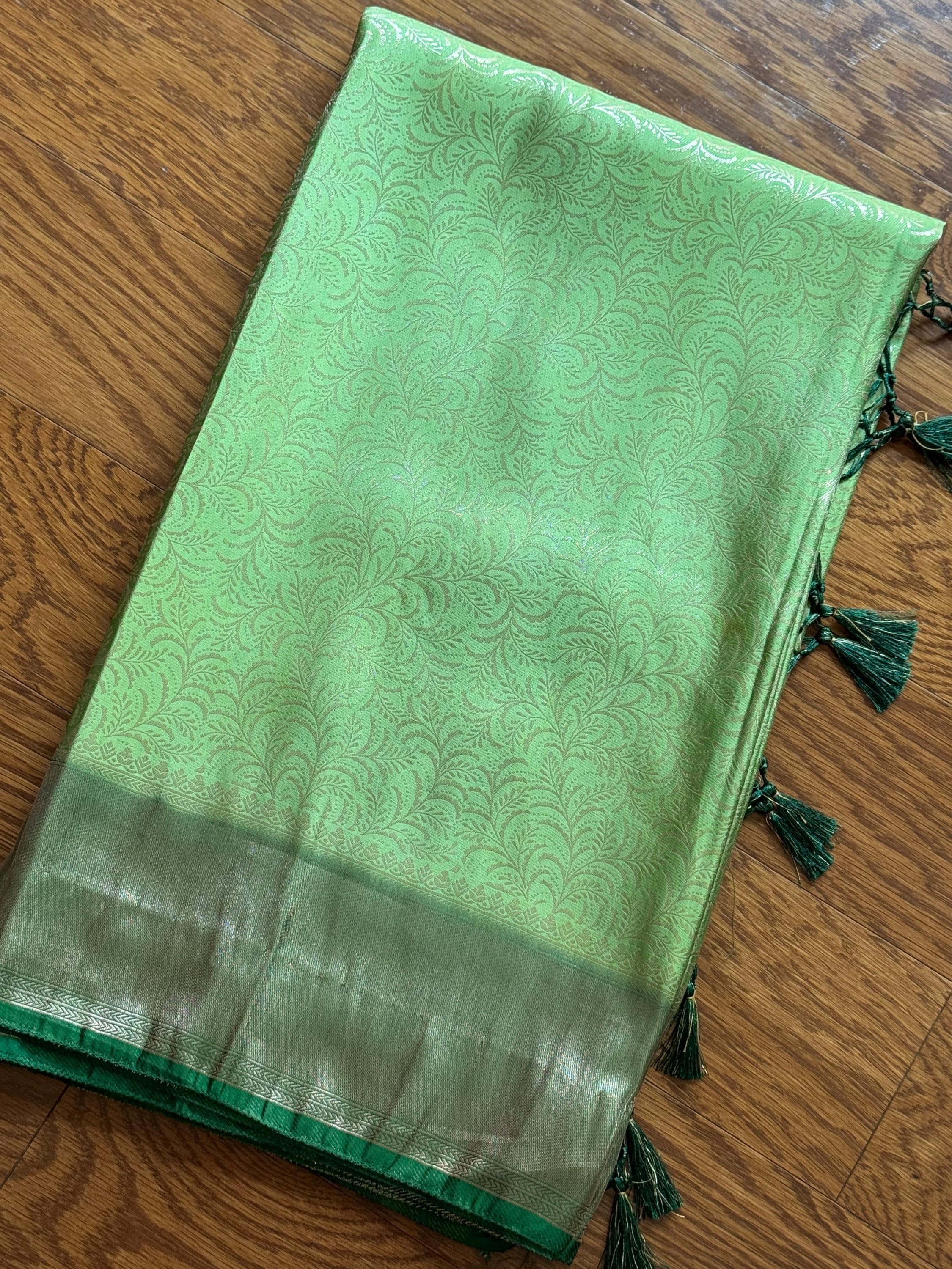 Apple Green Color Banaras Brocade Soft Silk Saree With Stitched Blouse ...