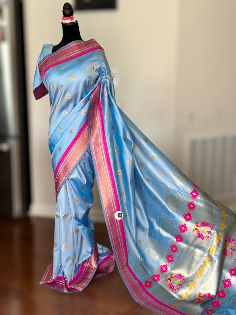 Sky Blue Color Paithani Soft Silk Saree With Stitched Blouse - Etsy
