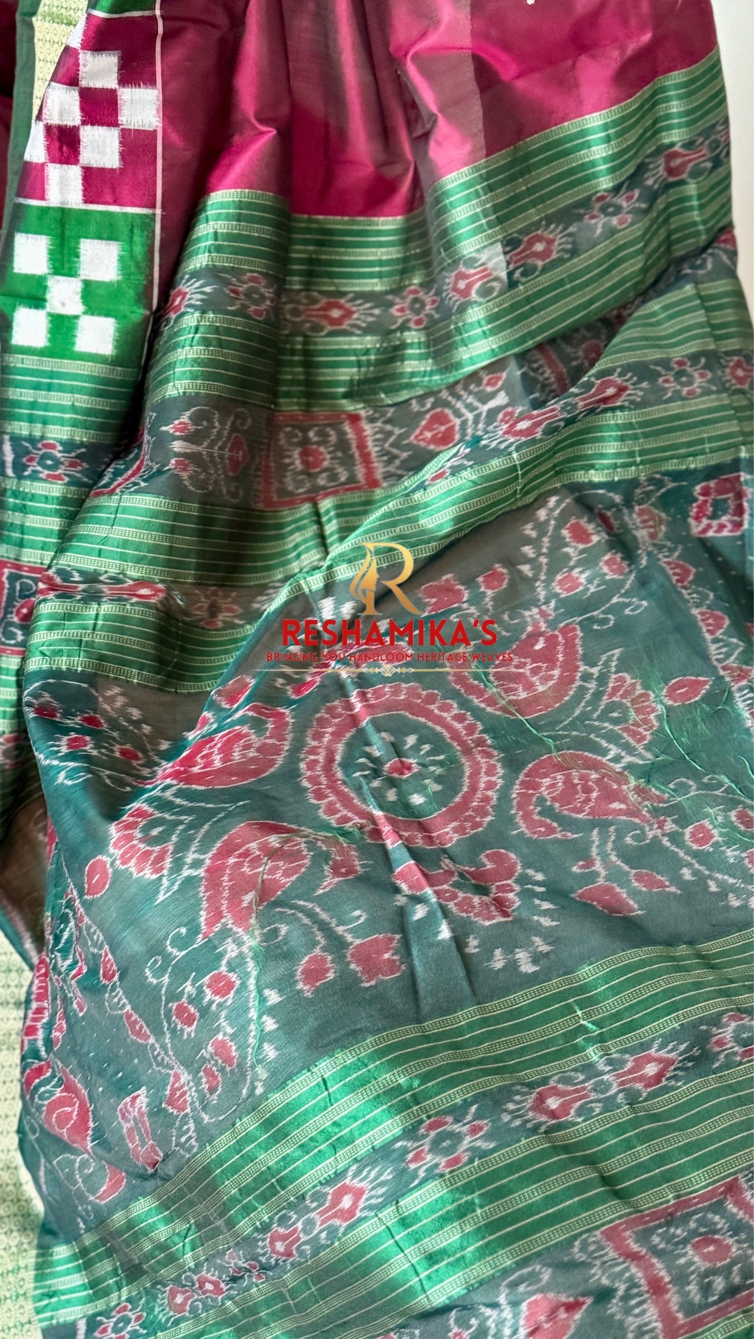 Magenta Color With Green Border Sambalpuri Bomkai Silk Saree With ...