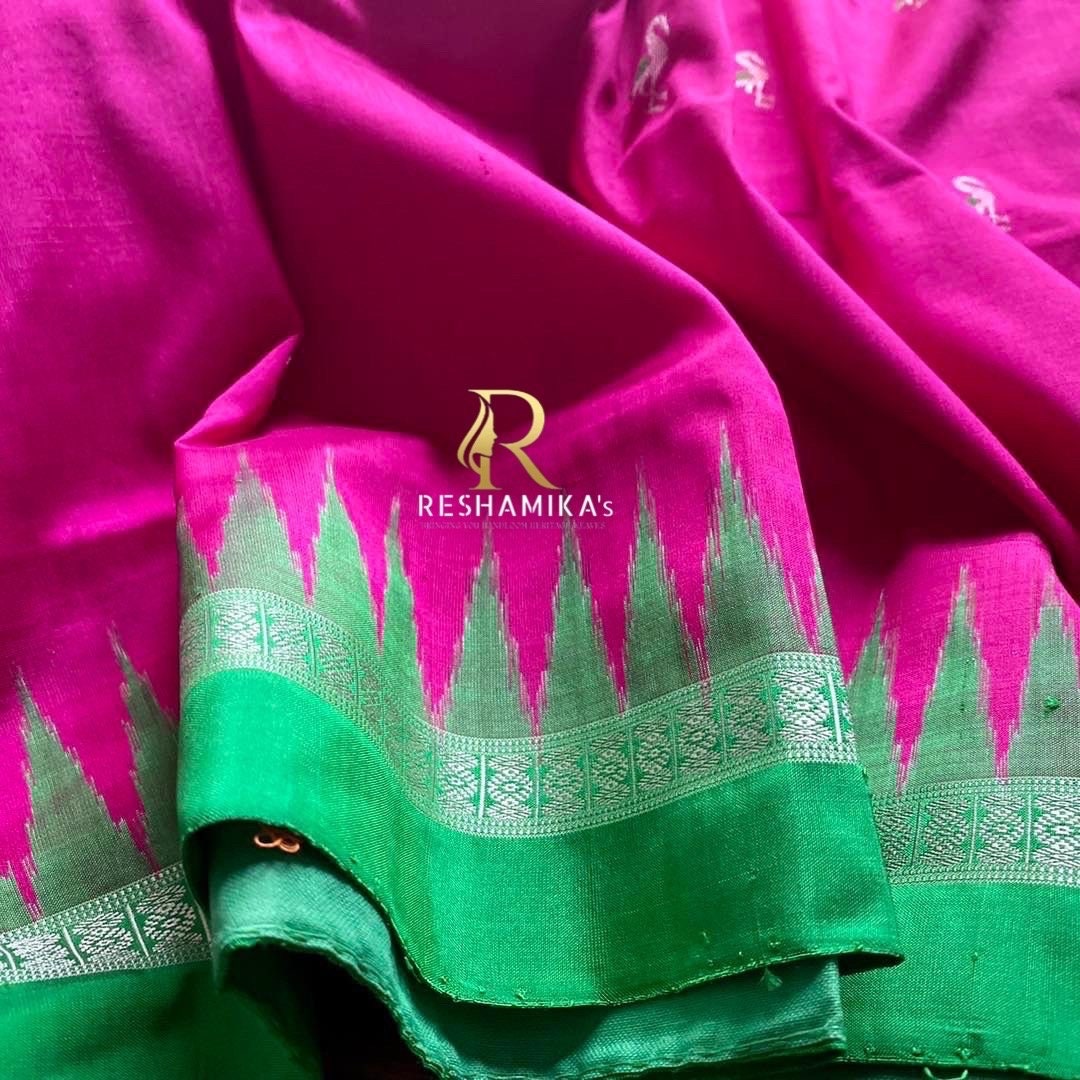 Dark Pink With Green Border Bomkai Pure Silk Saree From Odisha - Etsy