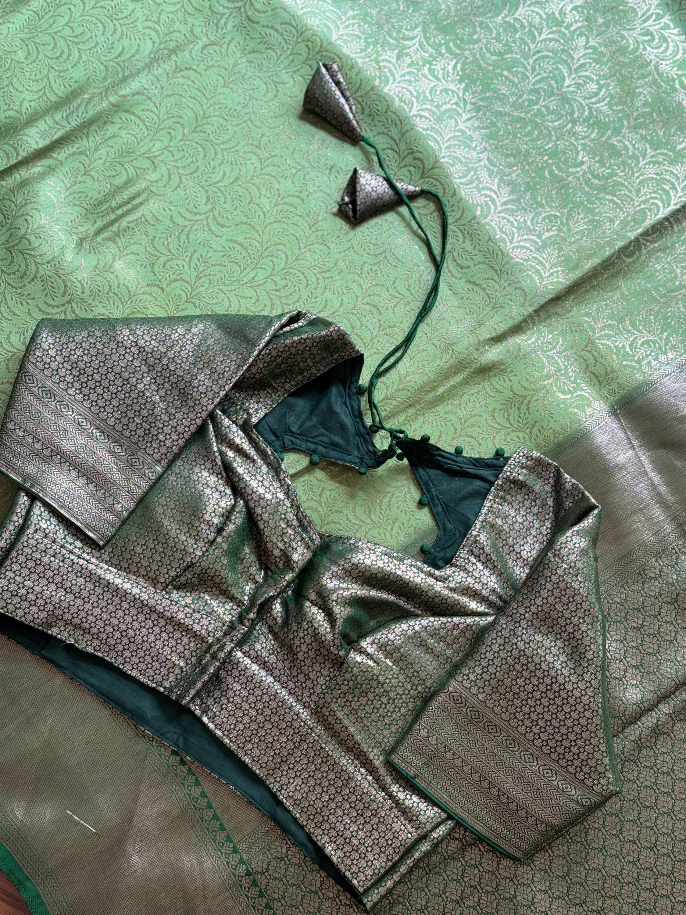 Apple Green Color Banaras Brocade Soft Silk Saree With Stitched Blouse ...