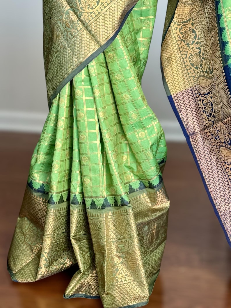 Light Green Color With Blue Color Checked Body Gadwal Silk Saree With ...