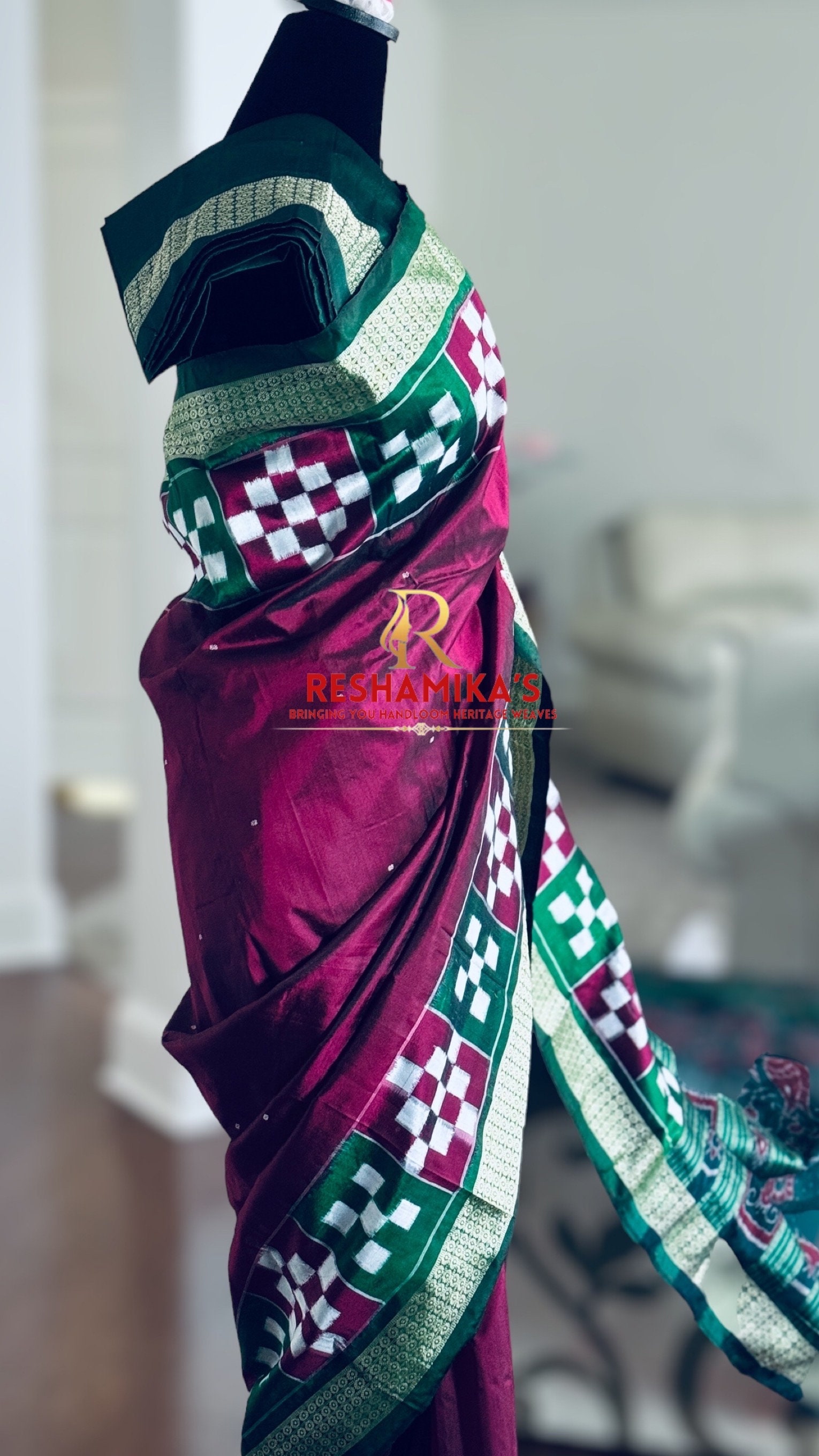 Magenta Color With Green Border Sambalpuri Bomkai Silk Saree With ...