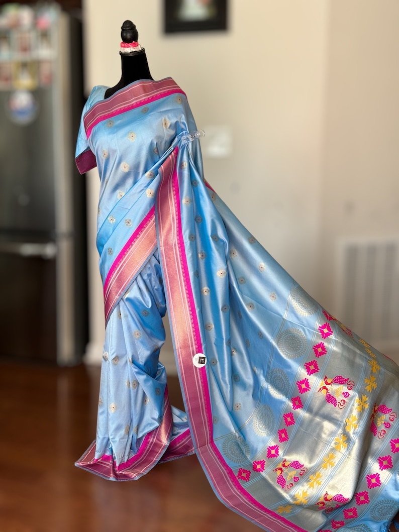 Sky Blue Color Paithani Soft Silk Saree With Stitched Blouse - Etsy