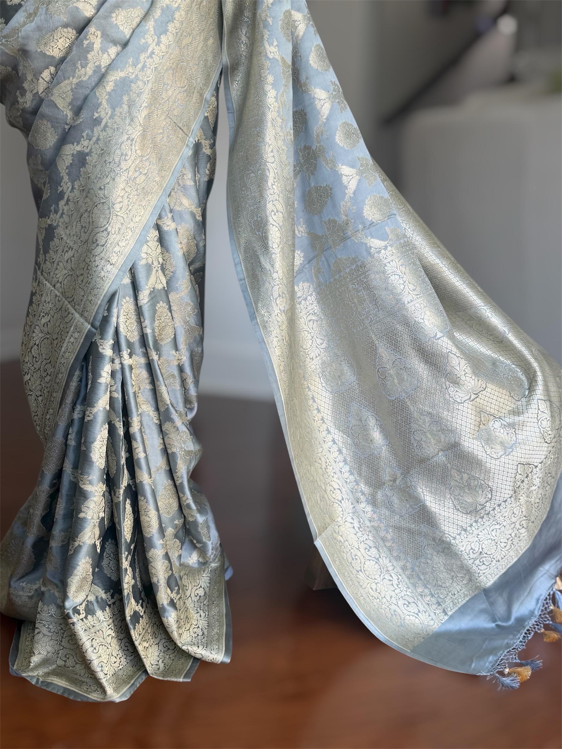 Grey Handwoven Mashru Silk Saree | Banarasi Weaves - Etsy