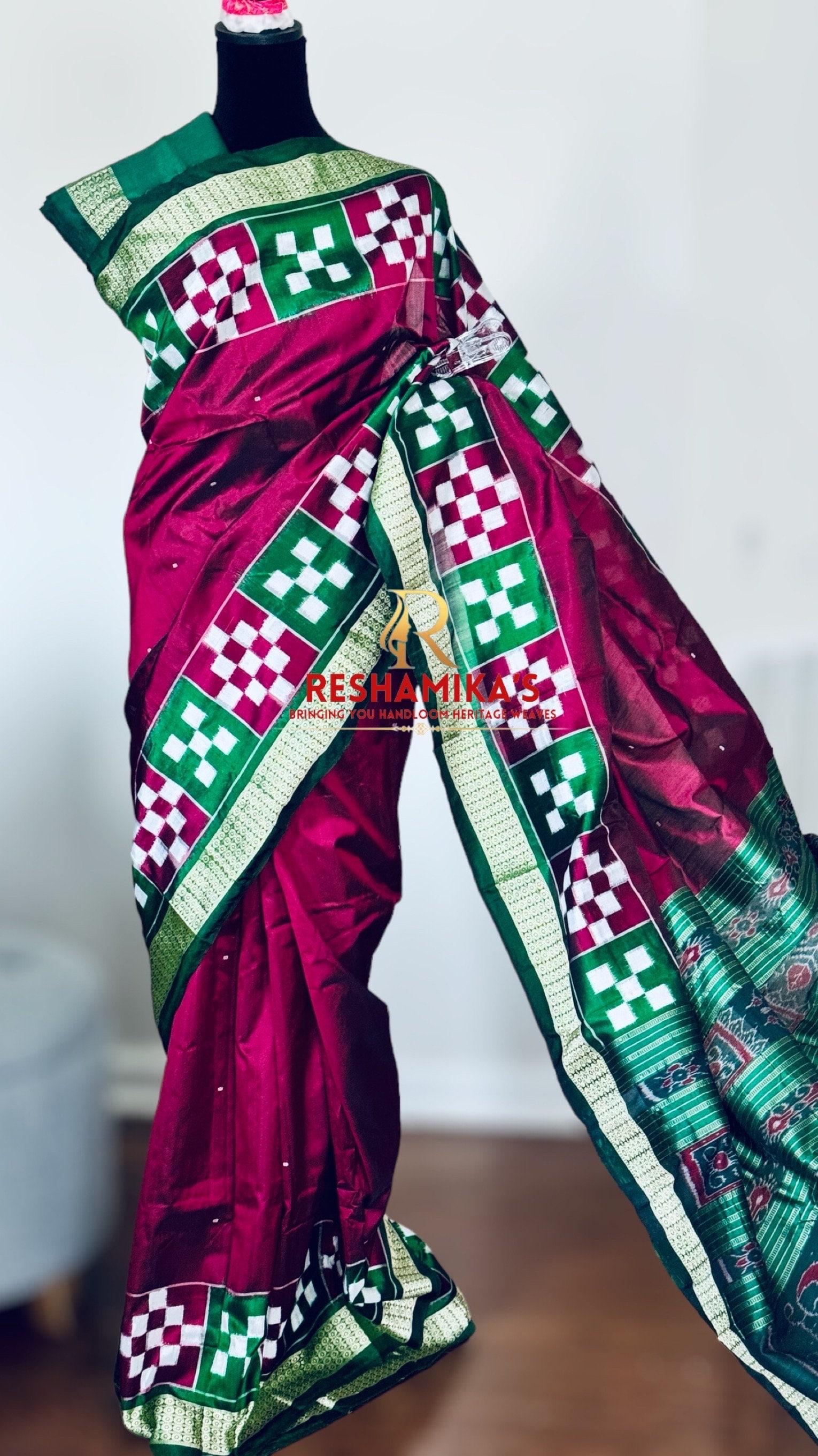Magenta Color With Green Border Sambalpuri Bomkai Silk Saree With ...