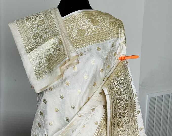 Banarasi Pure Satin Mashru Silk Saree With Tanchoi Work - Pearl White ...