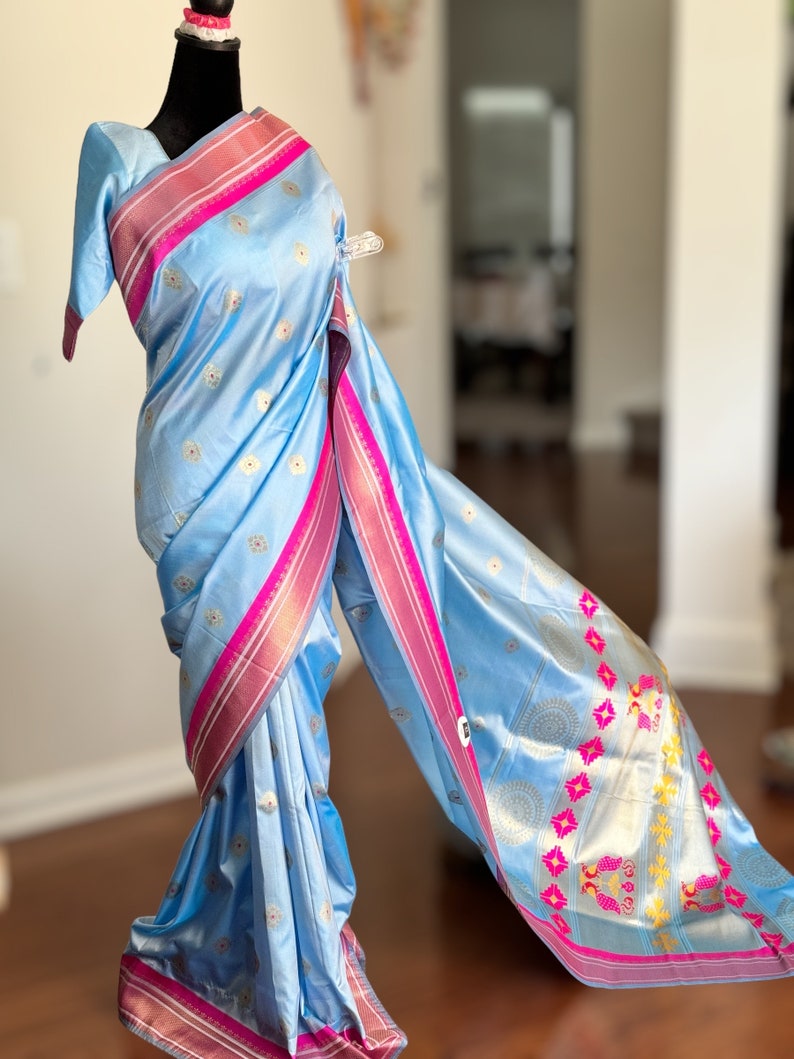 Sky Blue Color Paithani Soft Silk Saree With Stitched Blouse - Etsy