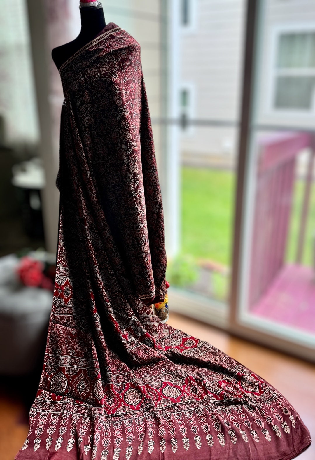 Maroon Color Ajrakh Block Print Pure Modal Silk Saree - Etsy