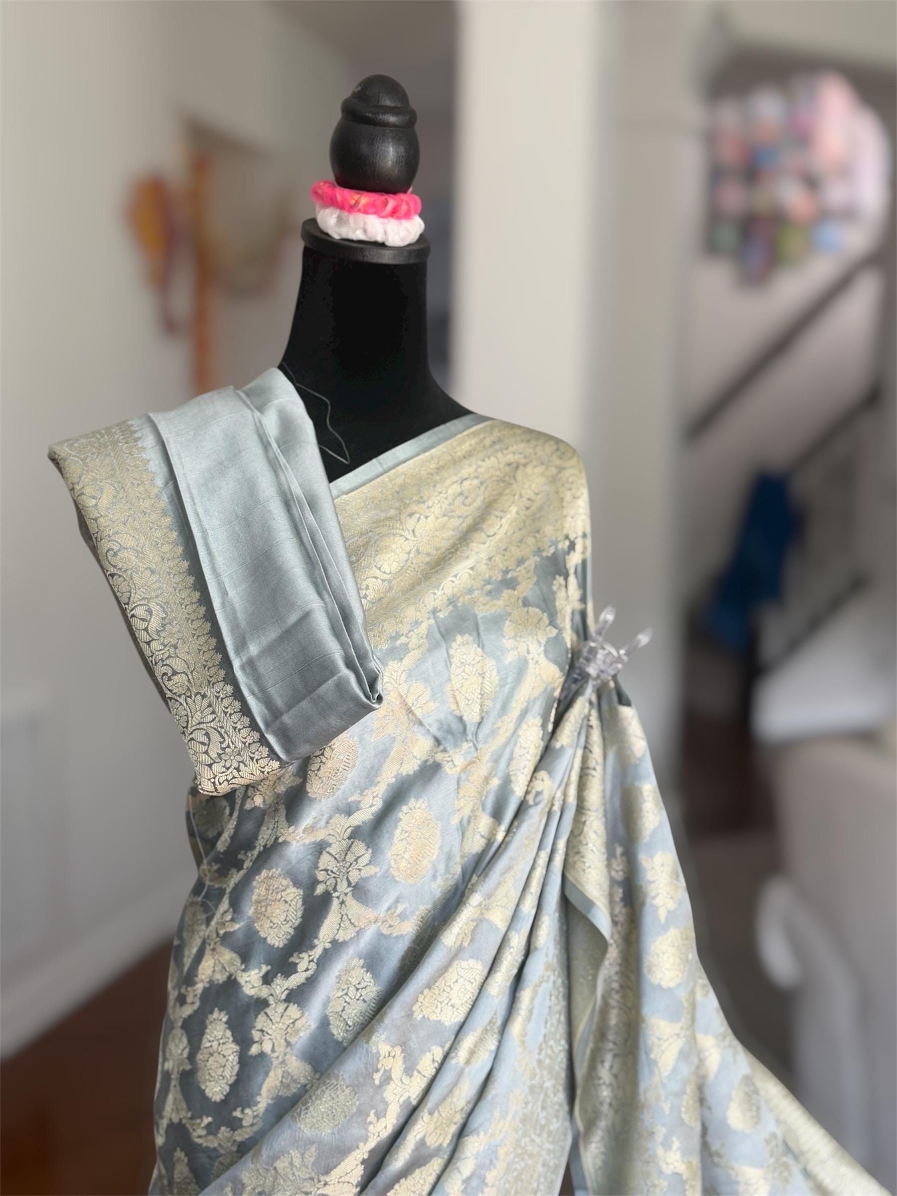 Grey Handwoven Mashru Silk Saree | Banarasi Weaves - Etsy