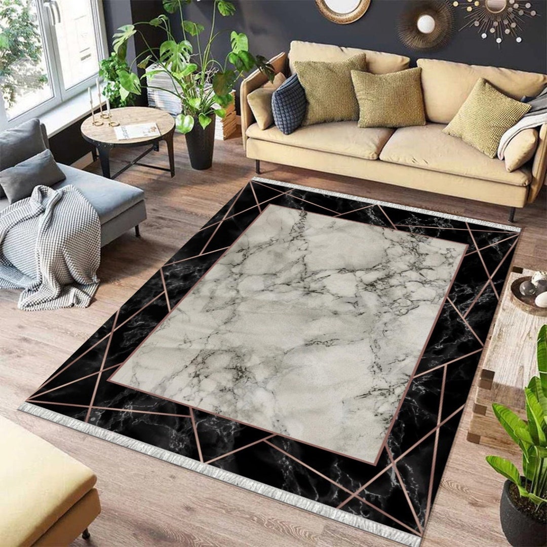 Black White Marble Patterned Rug, Modern Abstract Painting Rug, Marble ...