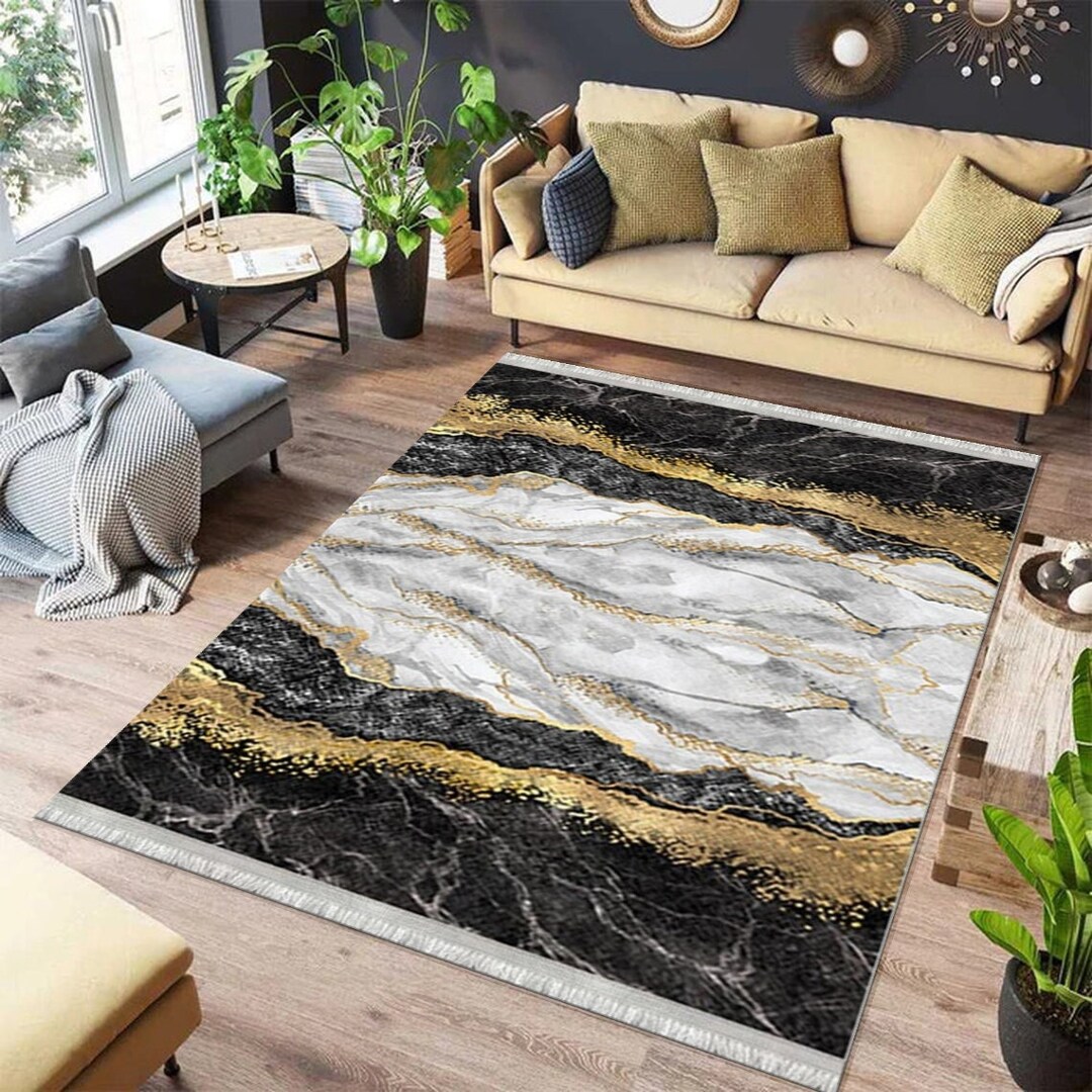 Black Gold Marble Patterned Rug, Modern Abstract Painting Rug, Marble ...