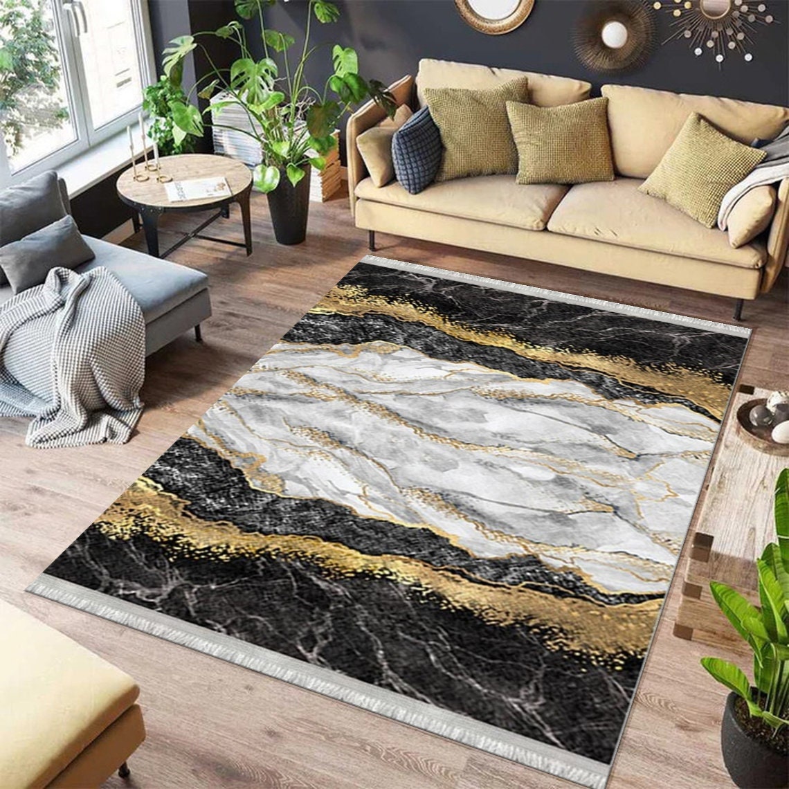 Black Gold Marble Patterned Rug, Modern Abstract Painting Rug, Marble ...
