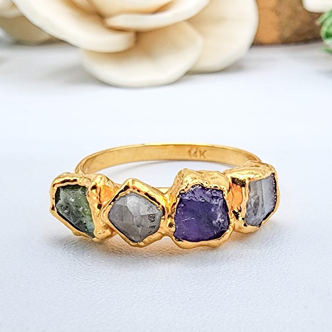 SIZE 7 Raw Gemstone Ring Solid 14K Gold Raw Stone Ring Crystal Multi ...