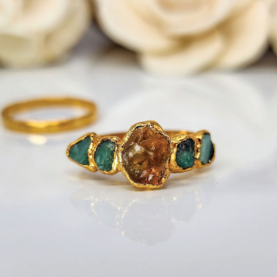 SET OF TWO Handmade Rings Citrine Emerald Ring Multi Stone Ring Raw ...
