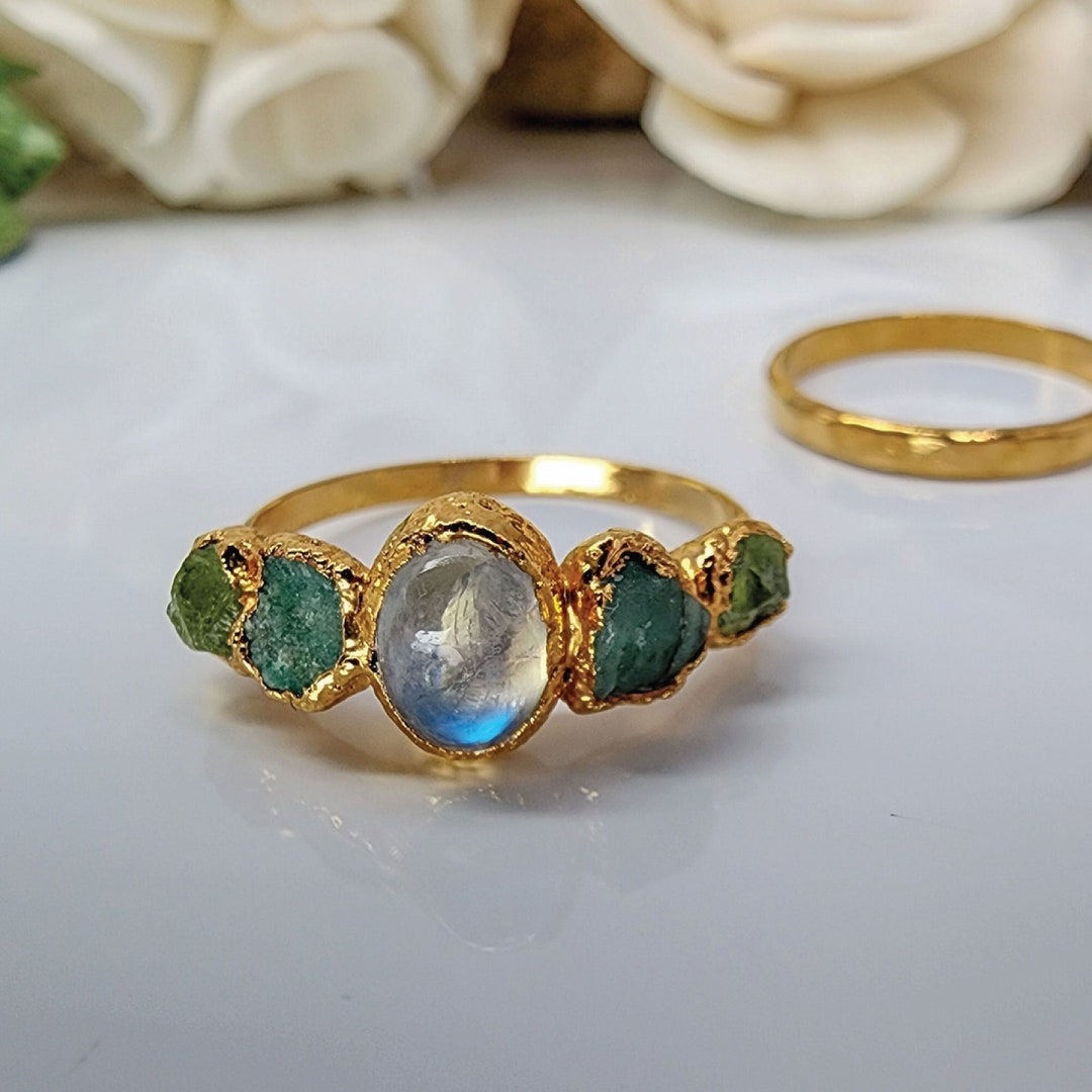 Moonstone Ring Set Handmade Raw Stone Engagement Ring Raw Crystal ...