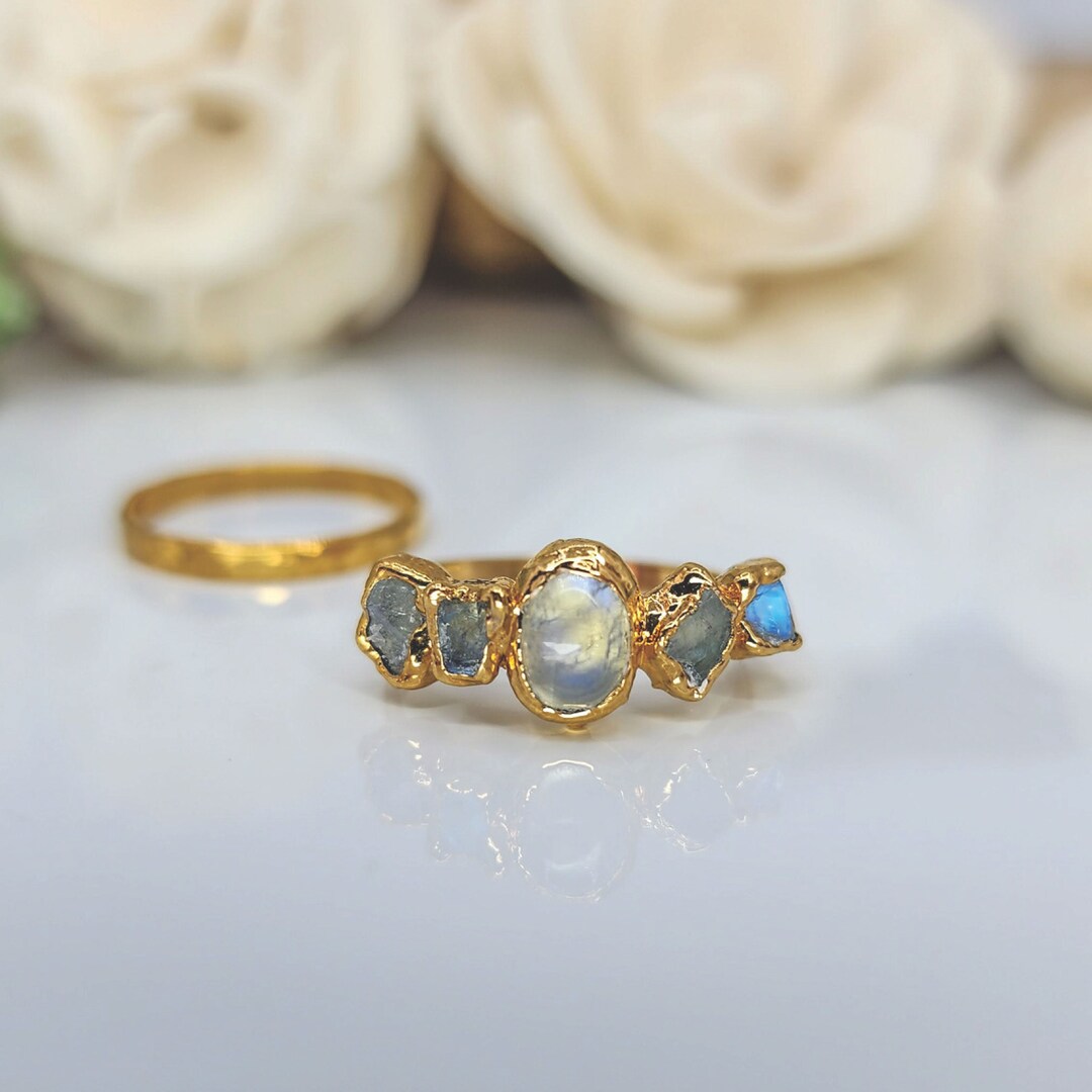Moonstone Wedding Ring Set 14K Solid Gold Ring Moonstone Ring Multi ...