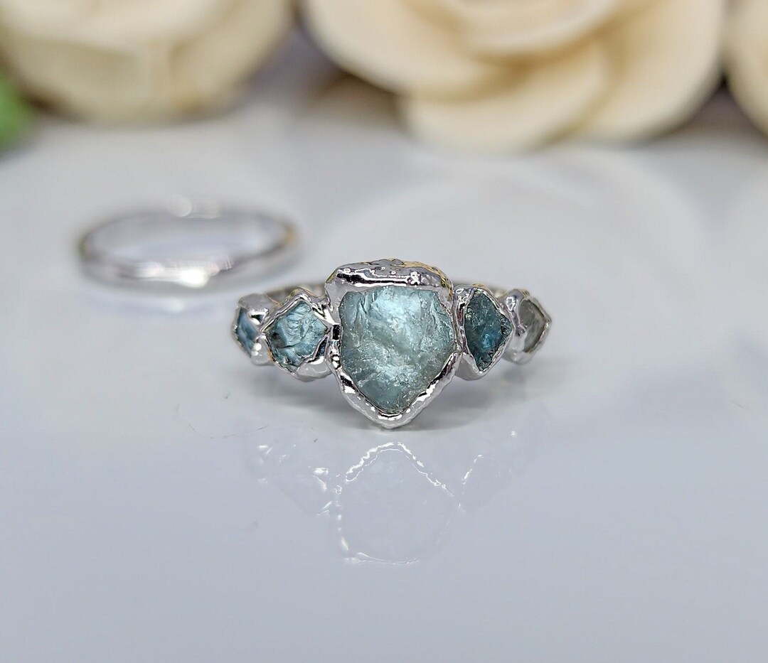 Raw Aquamarine Ring Set Multi Stone Ring Silver Raw Crystal Engagement ...