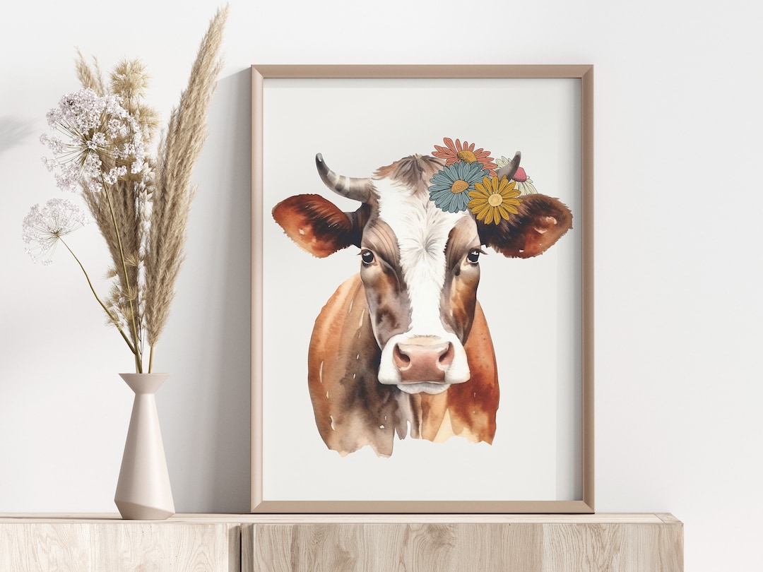 Chic Farmhouse Art Print Cow Art Print Floral Cow Wall Art Living Room ...