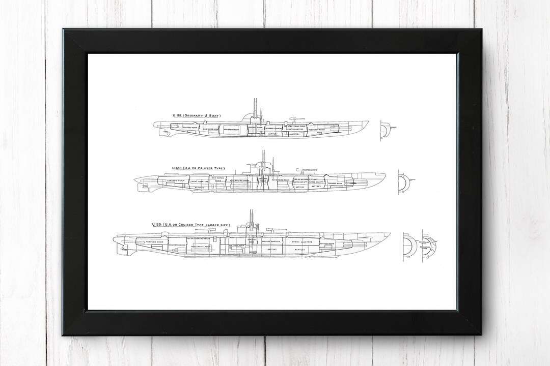 German U Boats, Outlines Compared, Submarine, Vintage Ship Print, A4 ...