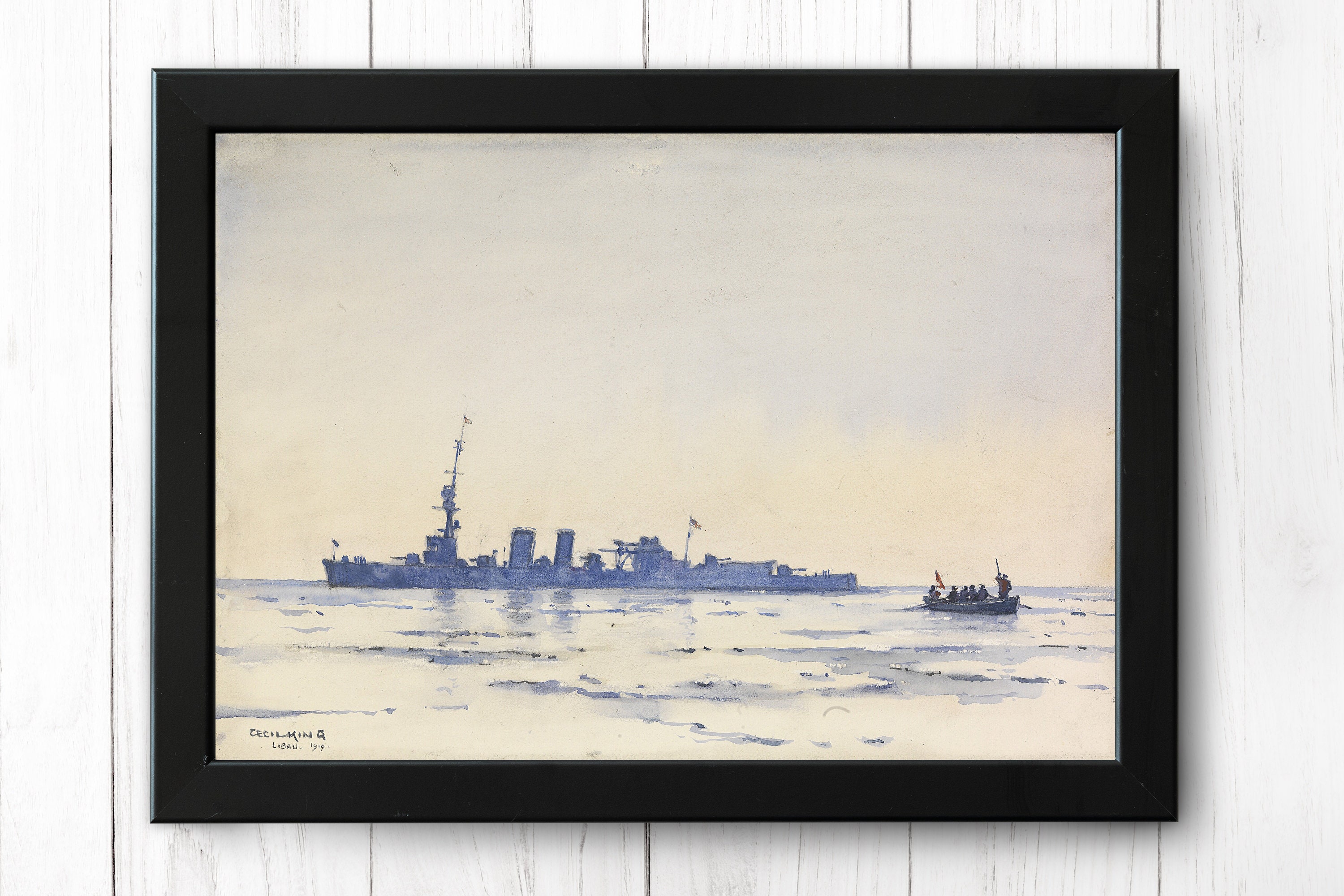 HMS Caledon Royal Navy Light Cruiser in the Ice off Libau, Vintage Ship ...