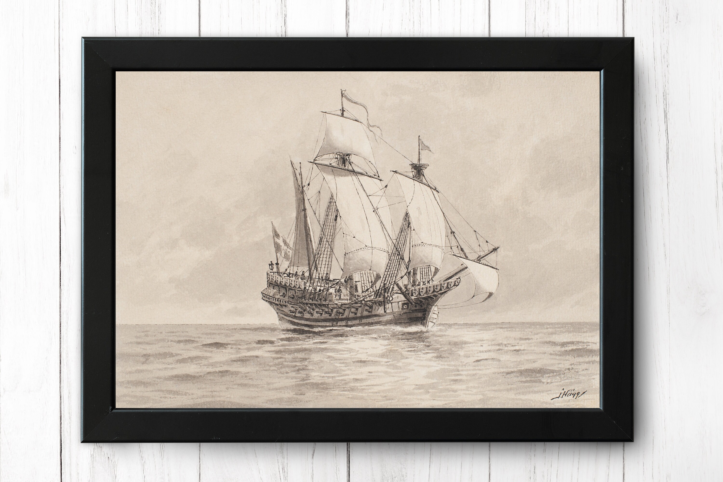 Drawing of a Ship of the Line, Vintage Ship Print, A4 - Single Print ...