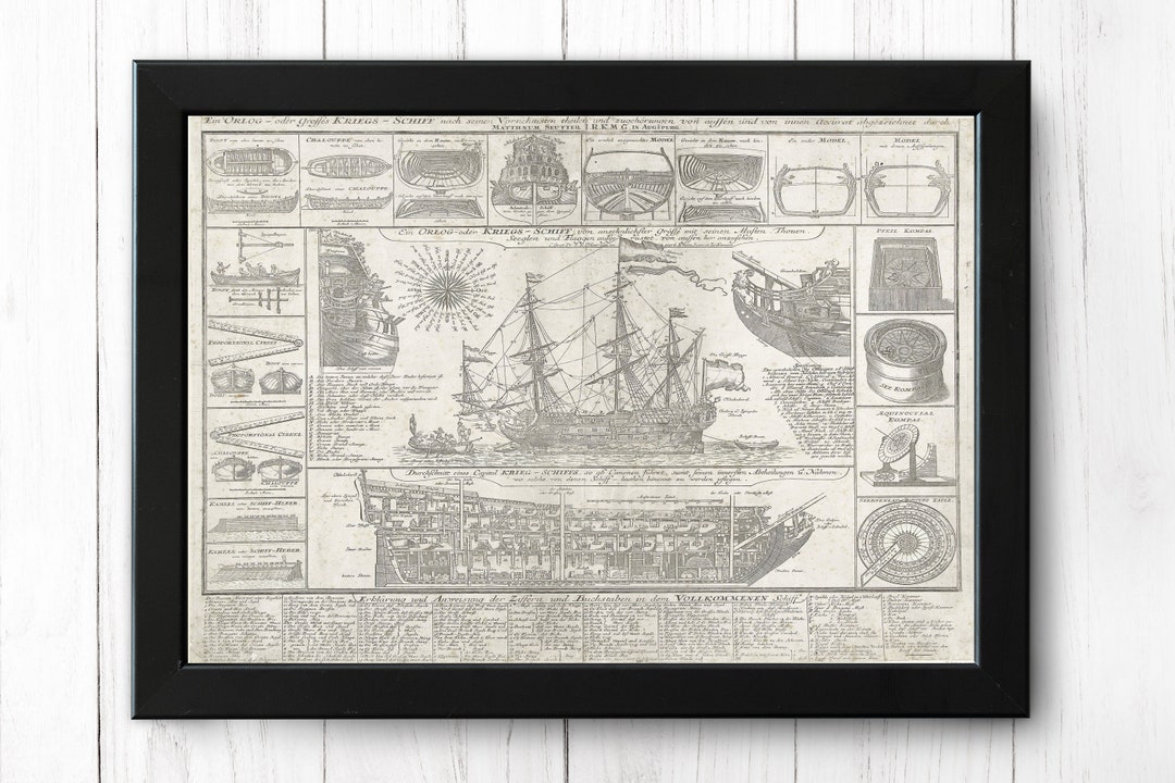 Warship Side View Section and Details (c. 1700), Vintage Ship Print, A4 ...