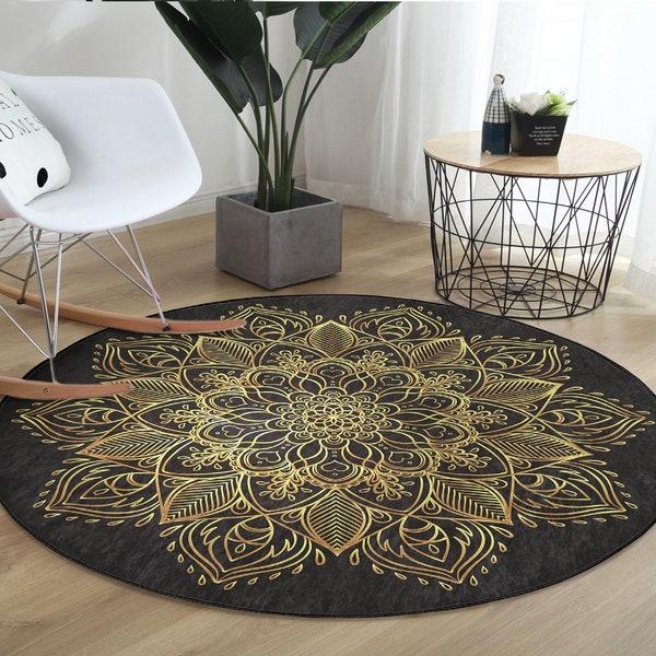 Black and Gold Round Rug - Etsy