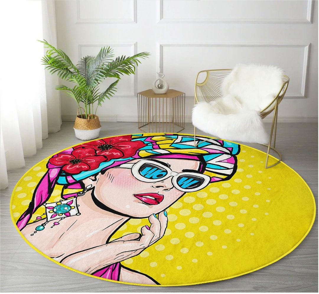 Wow Pop Art Carpetyellow Polka Dot Rugsgraffiti Round - Etsy