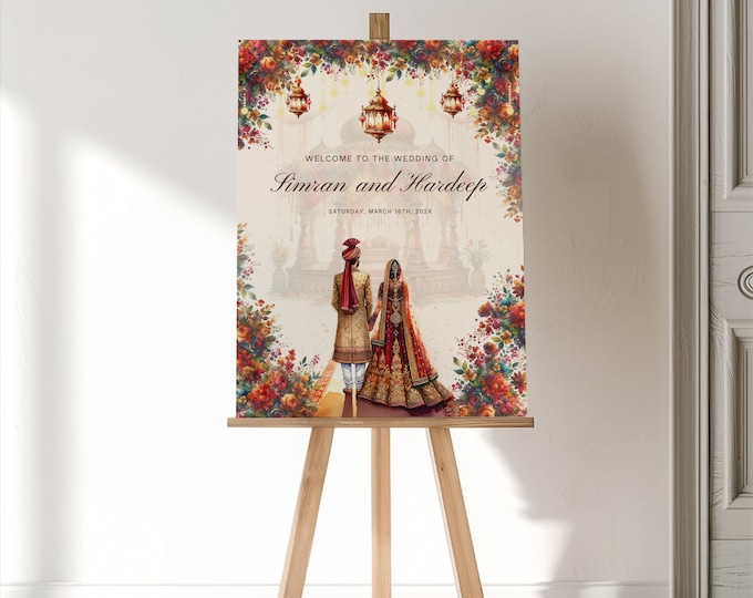 Indian Wedding Welcome Sign With Couple Illustration Hindu Wedding ...