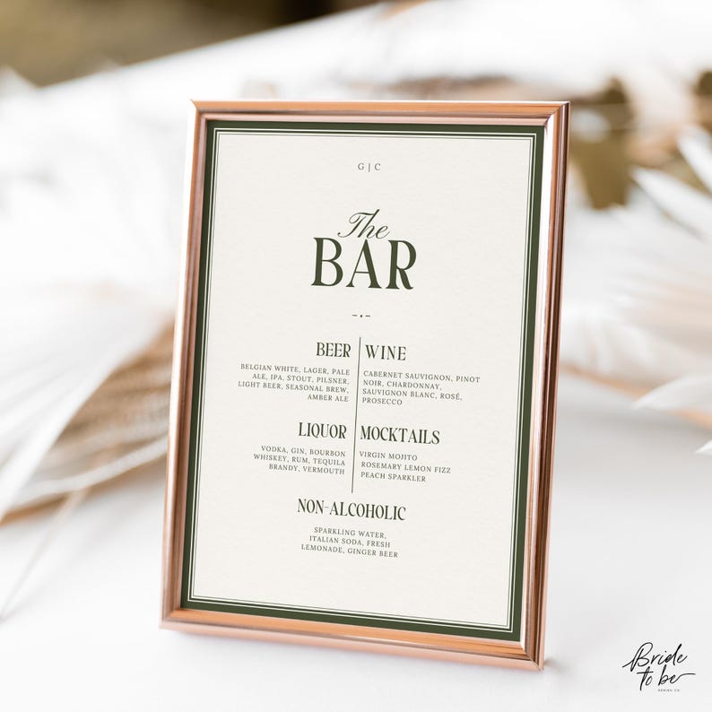 Olive Green Bar Menu Sign Template, Old Money Wedding Drinks List ...