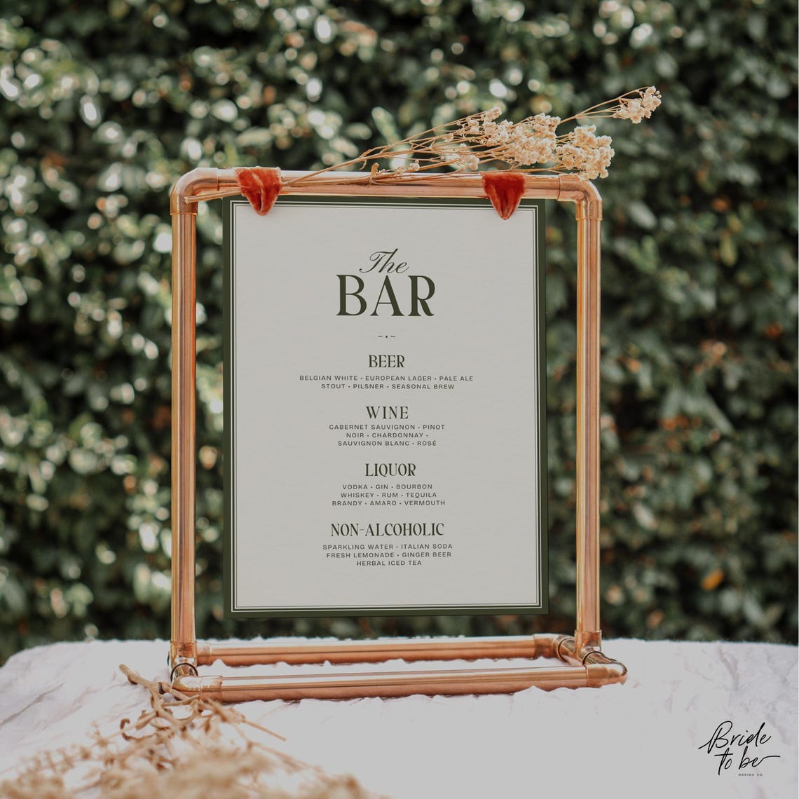 Olive Green Bar Menu Sign Template, Old Money Wedding Drinks List ...